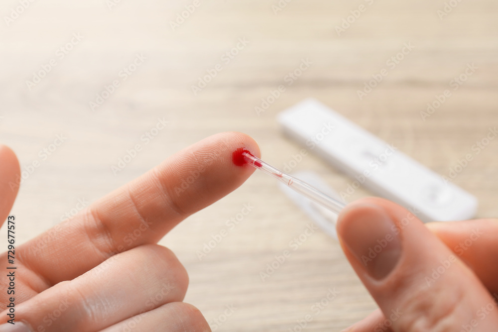 Laboratory testing. Woman taking blood sample from finger with pipette ...