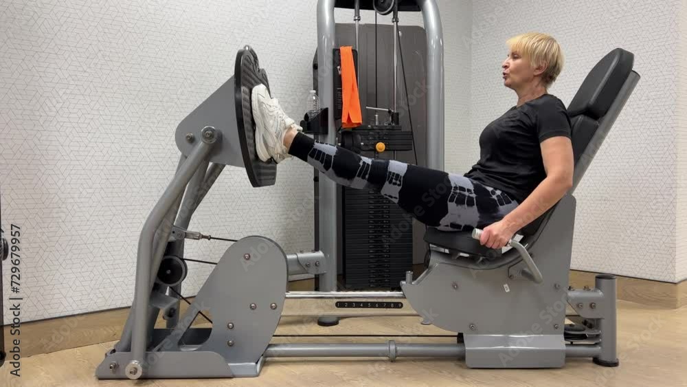 An older woman in the gym works on a leg machine. Leg press, hamstring ...