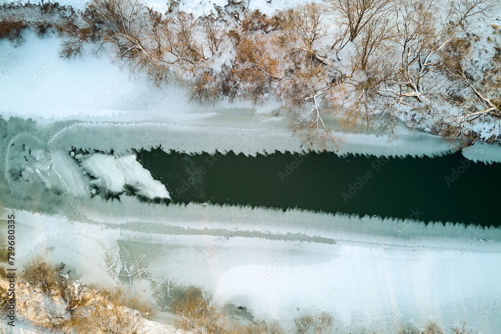 View of a freezing river at the beginning of winter, ice formation on ...
