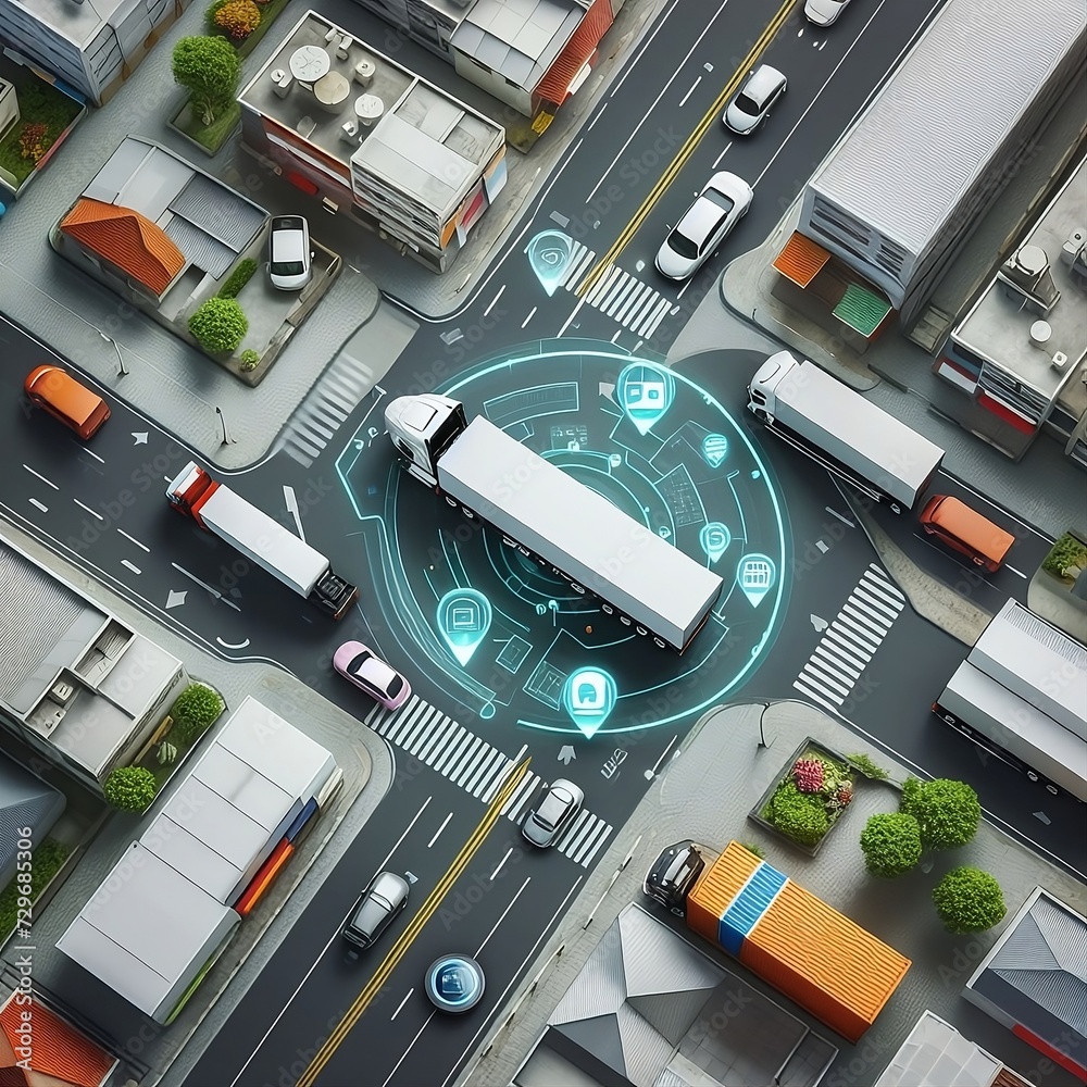 Gps tracking from top view moving truck with container on a map created ...