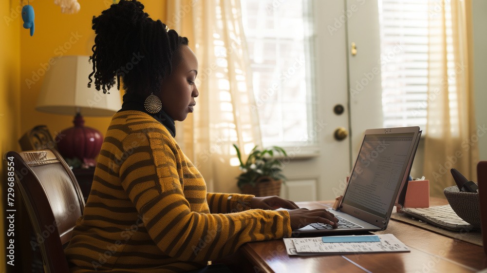 Foto de Pregnant young african american woman working remotely from ...