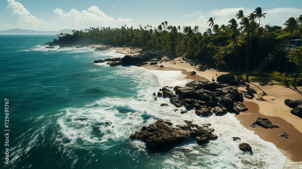 Aerial panoramic photography of coastal Puerto Rico beach, Top view of ...