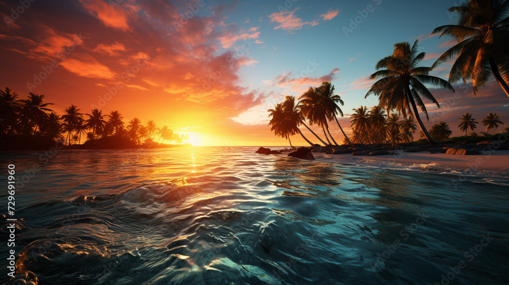sunset beach background on realistic tropical island sea beach with ...