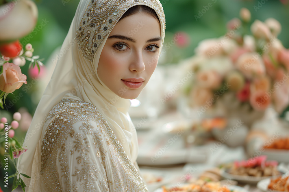 Ramadan Kareem. An elegantly dressed Muslim woman with a hijab sits ...