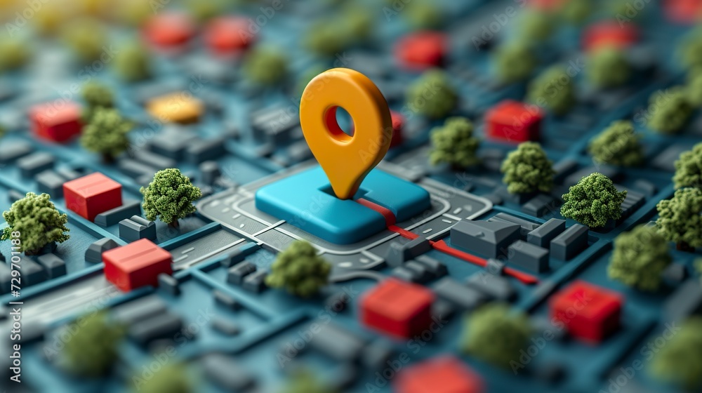 A 3D location icon emerges prominently on a city map symbolizing ...