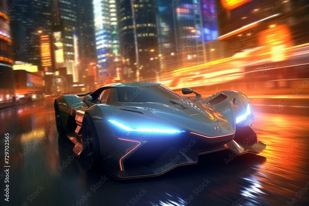 Intense action as advanced car races through urban streets in a ...