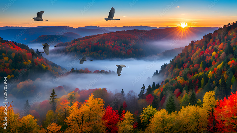 flying bird over the mountain with nice cloud view in a colorful autumn ...
