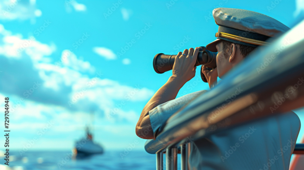 The deck cadet stands on the ships bridge binoculars in hand eagerly ...