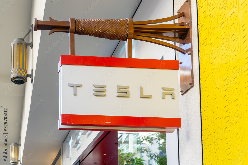 Honolulu, HI, USA - January 14, 2024: Close-up of Tesla hanging logo ...