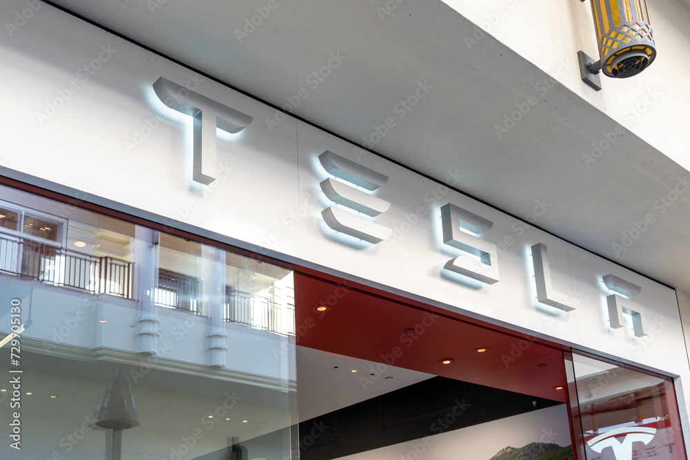 Honolulu, HI, USA - January 14, 2024: Close-up of Tesla logo sign at ...