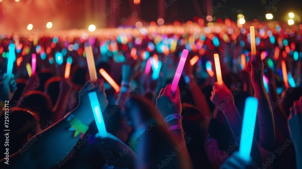 A sea of hands holding colorful light sticks in the night at a summer ...