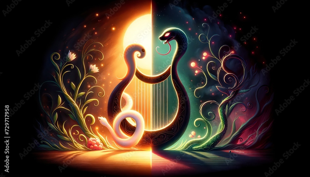 A whimsical, animated art style image showcasing the lyre and the snake ...