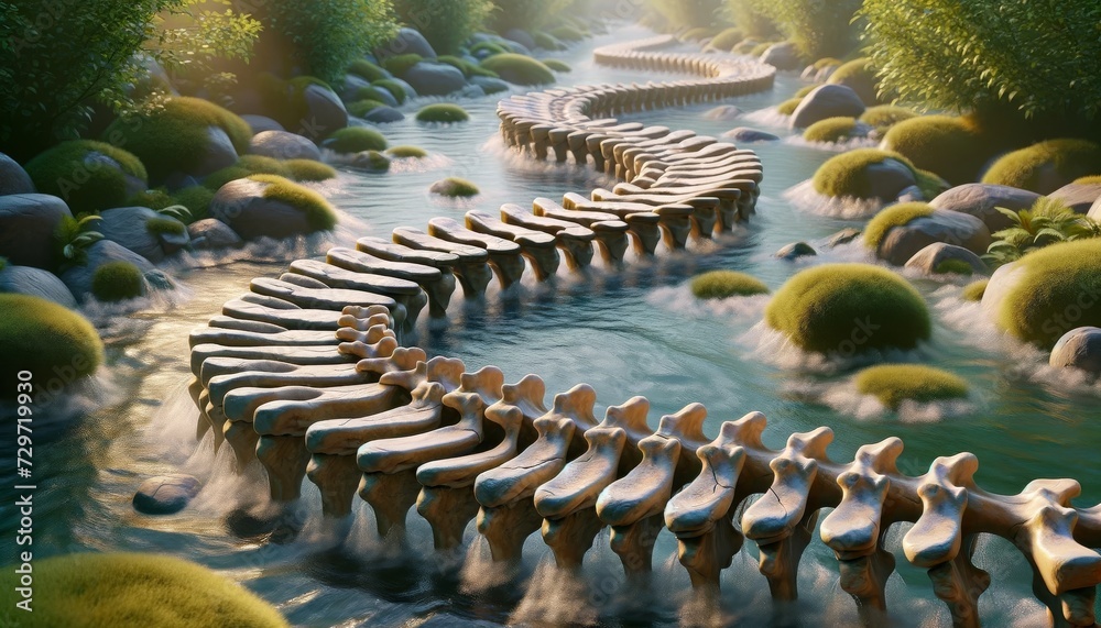 A whimsical, animated artwork of a series of stepping stones across a ...