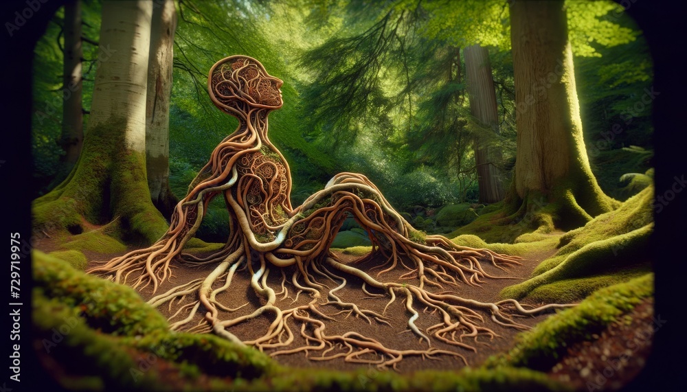 A whimsical, animated artwork of the intricate roots of a tree exposed ...