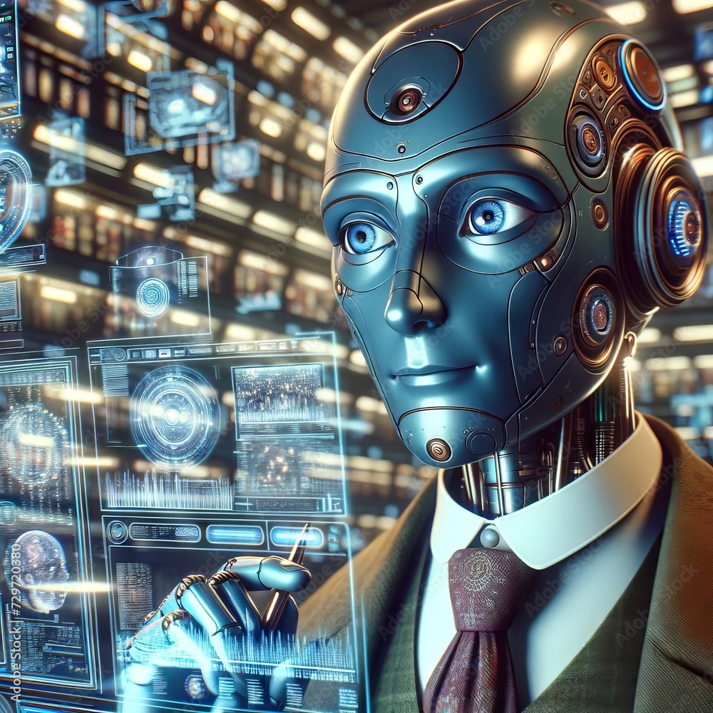 A whimsical 2D animated art style image of an android historian ...