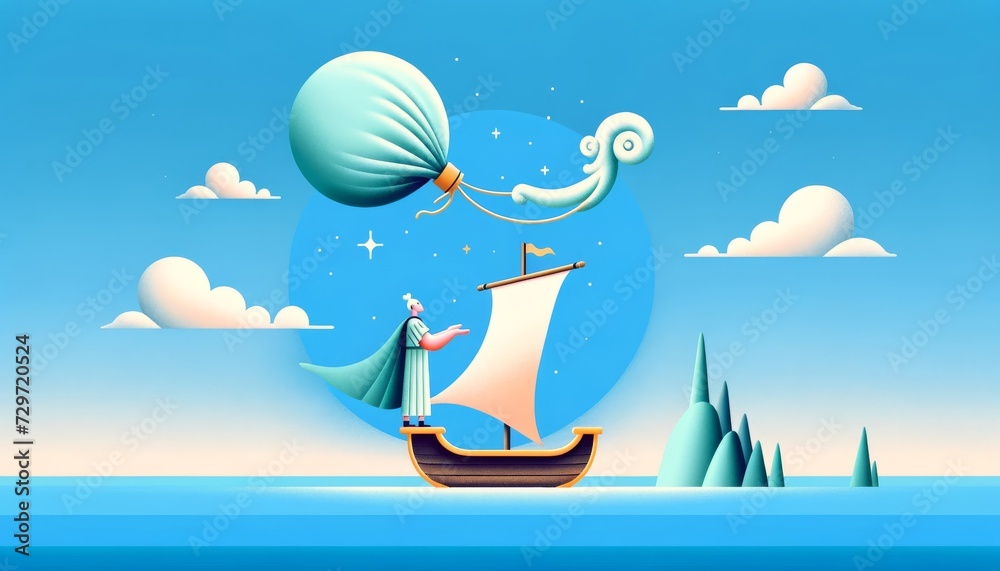 Whimsical, animated-style depiction of Odysseus receiving the bag of ...