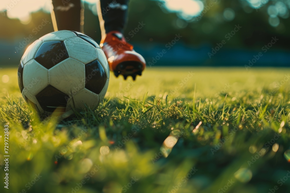 Soccer ball on grass with approaching player's foot in cleats Stock ...