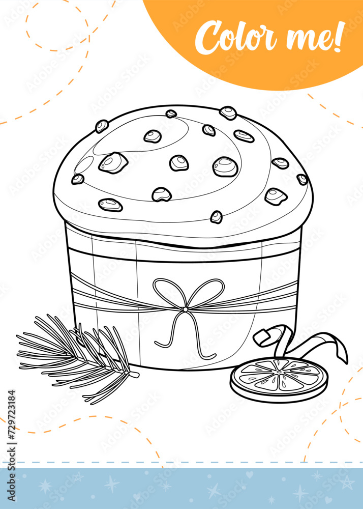 Coloring page for kids with cartoon panettone and decorations. A ...