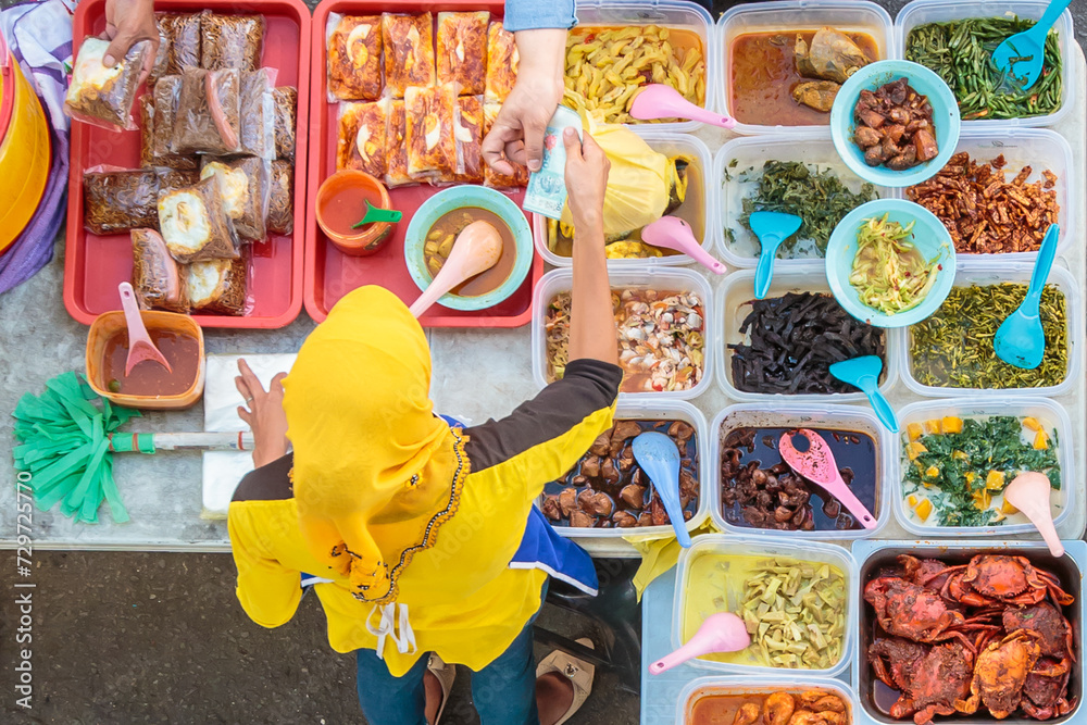 Variety of delicious Malaysian home cooked dishes sold at street market ...