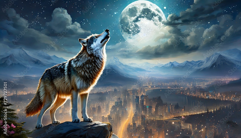 wolf howling at night, wolf howling at the moon realistic art in a city ...