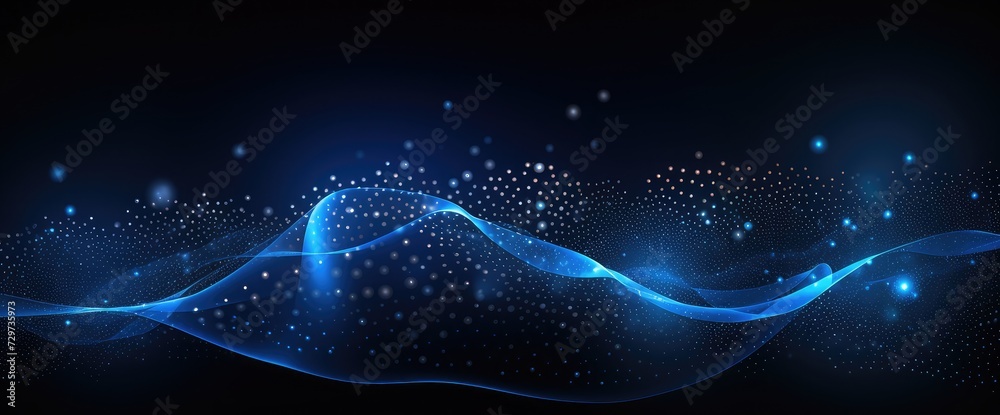 Blue dots in motion dark vector abstract background, particles array wavy flow, curve lines of ...