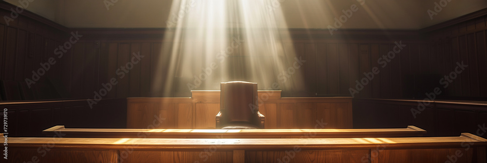 Empty wooden courtroom bench illuminated by dramatic sunlight through ...
