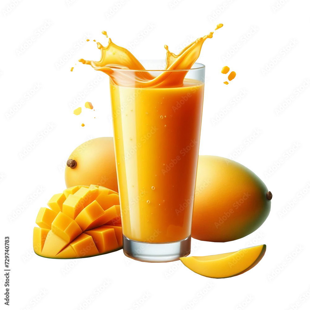Mango juice with splashes and water spots isolated on transparent ...