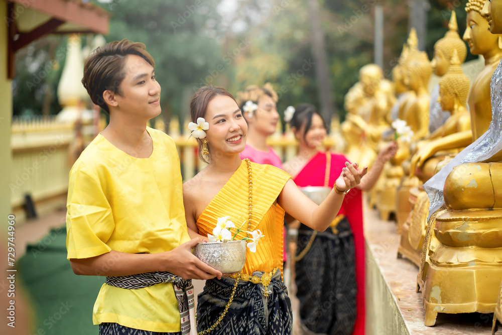 Songkran Festival - Young Asians Wearing Thai Clothes Pose Happily ...