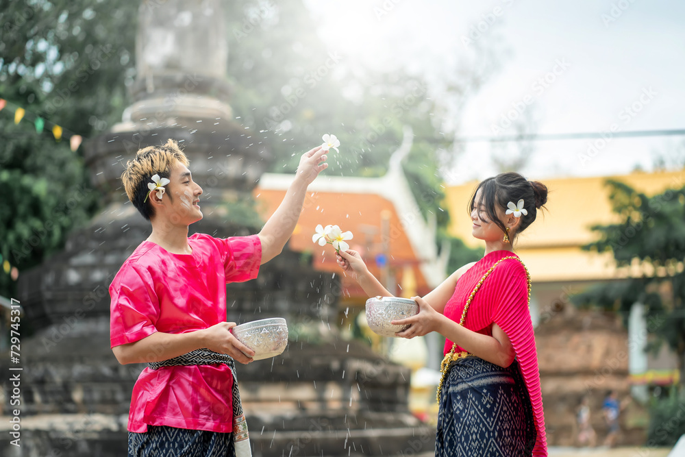Songkran Festival - Young Asians Wearing Thai Clothes Pose Happily ...