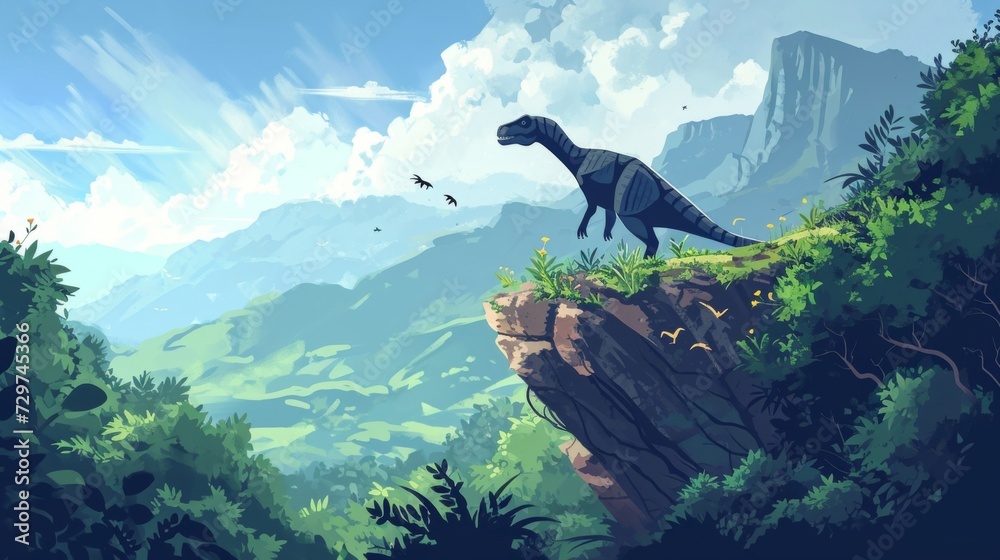 A lone allosaurus standing tall on a rocky cliff surveying the vast ...