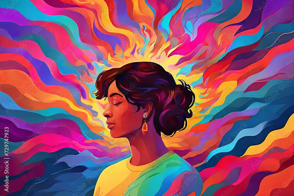 Vivid mental health concept. Colorful illustration depicts auditory ...