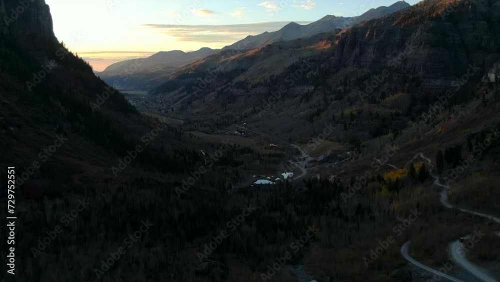 Telluride Colorado aerial drone towards Rocky Mountain historic town ...