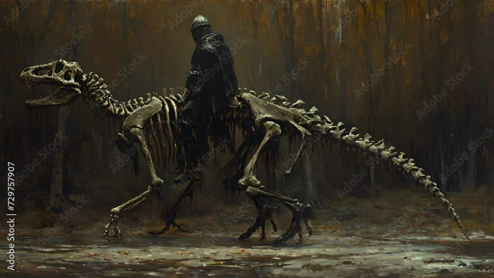 A dark and eerie oil painting of a medieval knight gallantly riding a ...