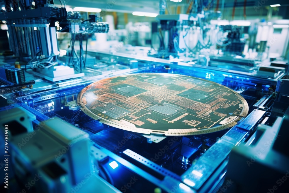 A Detailed View of a Silicon Wafer in an Industrial Setting, Surrounded ...