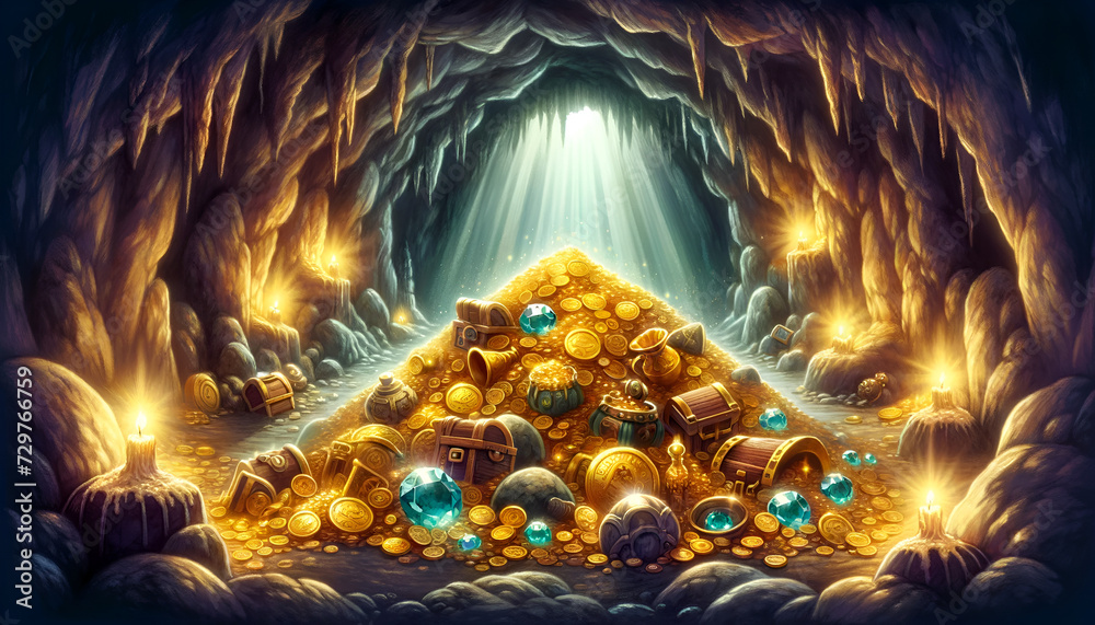 Magical Pile Of Gold And Jewels In A Cave Ideal For Storybook Scenes