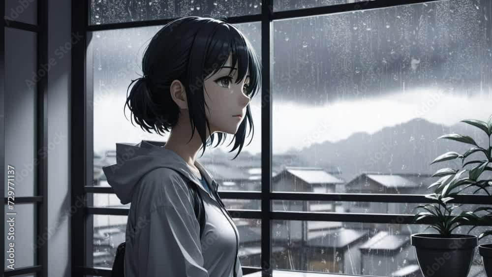 Anime Girl Contemplates Night Storm Alone on Balcony,lo-fi animation ...