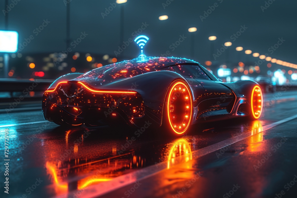 Futuristic EV car with motion lighting on highway with full self ...