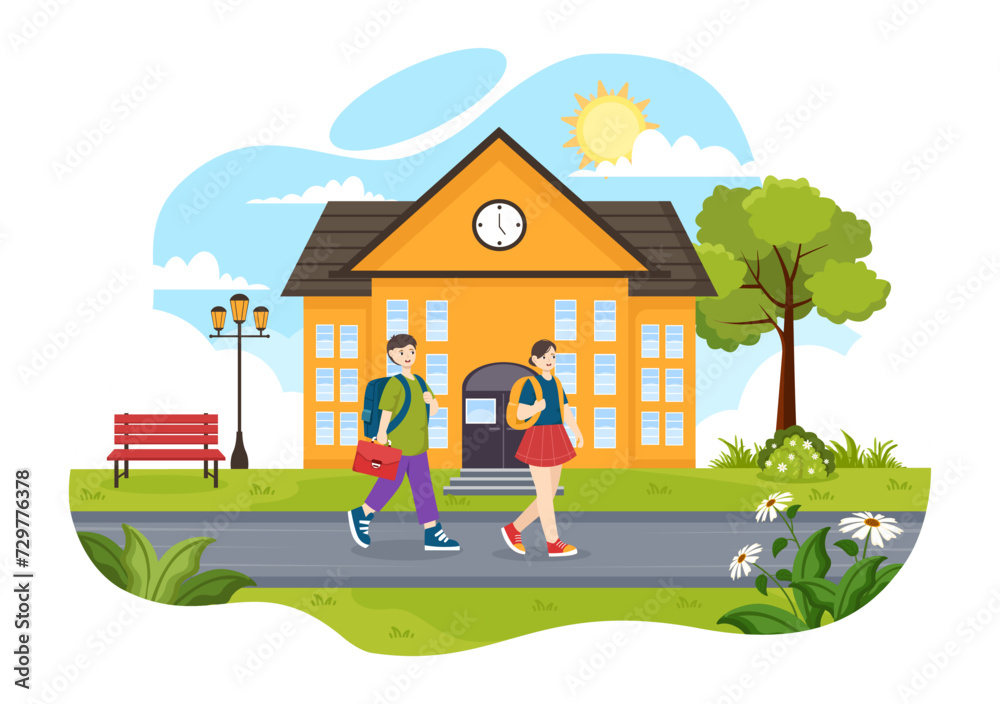 After School Vector Illustration with Students Leave School Building ...