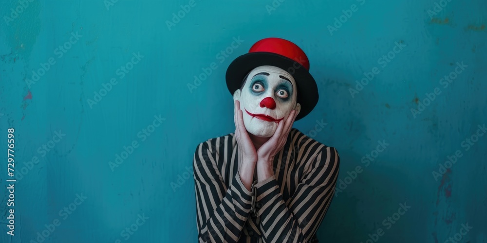 Studio photo of a mime on a blue background. The actor, the model has ...