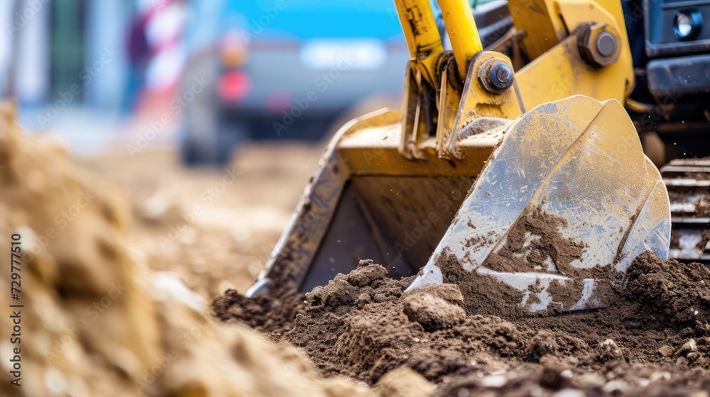 Backhoe on construction site. The backhoe's mechanical arm swings ...
