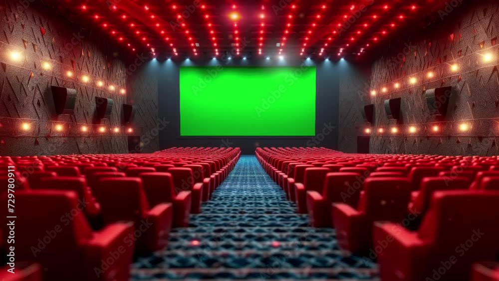 Chroma green screen of cinema movie theatre with realistic red rows of ...