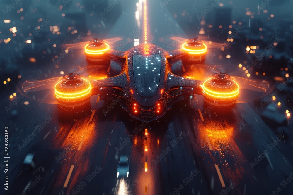 Futuristic EV drone with motion lighting on sky with full self flying ...