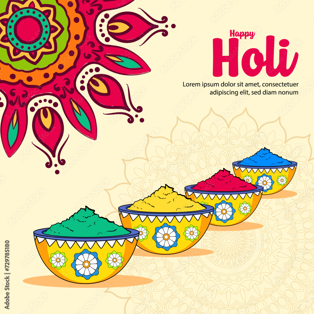 Colorful Revelry Holi Greeting Card Adorned with Bowls Overflowing with the Spirit of ...