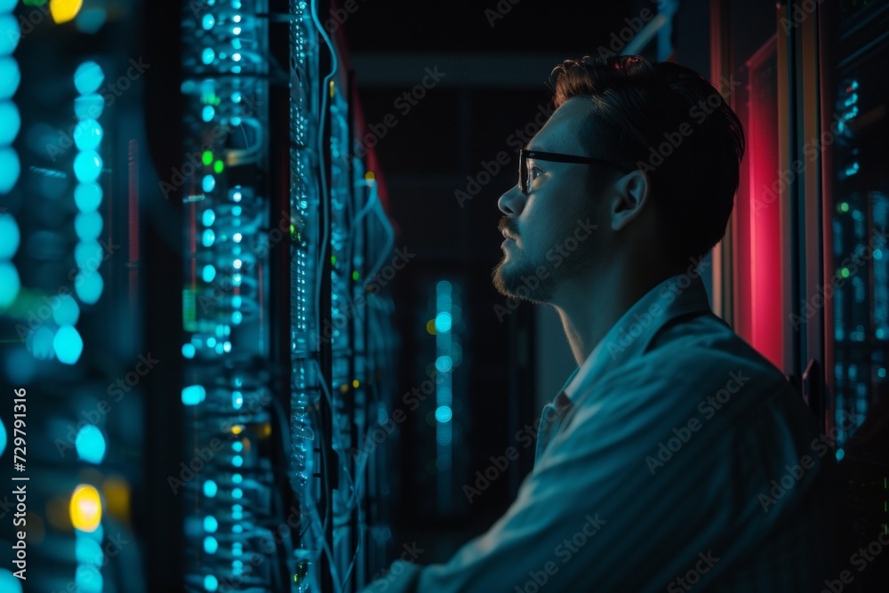 Man in glasses engaged with data server, epitome of a modern tech guardian. Stock Photo | Adobe ...