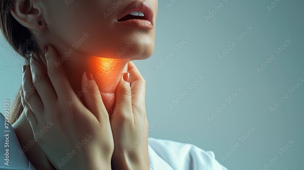 Woman holding her neck with a painful focus in the thyroid gland ...