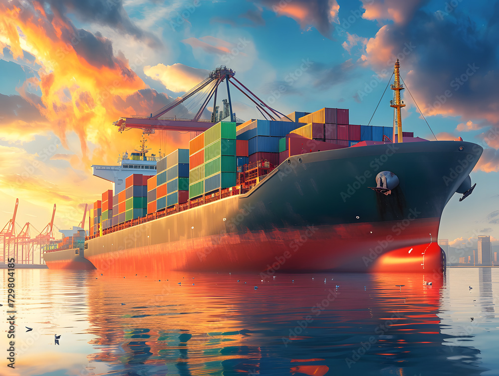 Large container cargo ship is loading goods at a commercial port ...