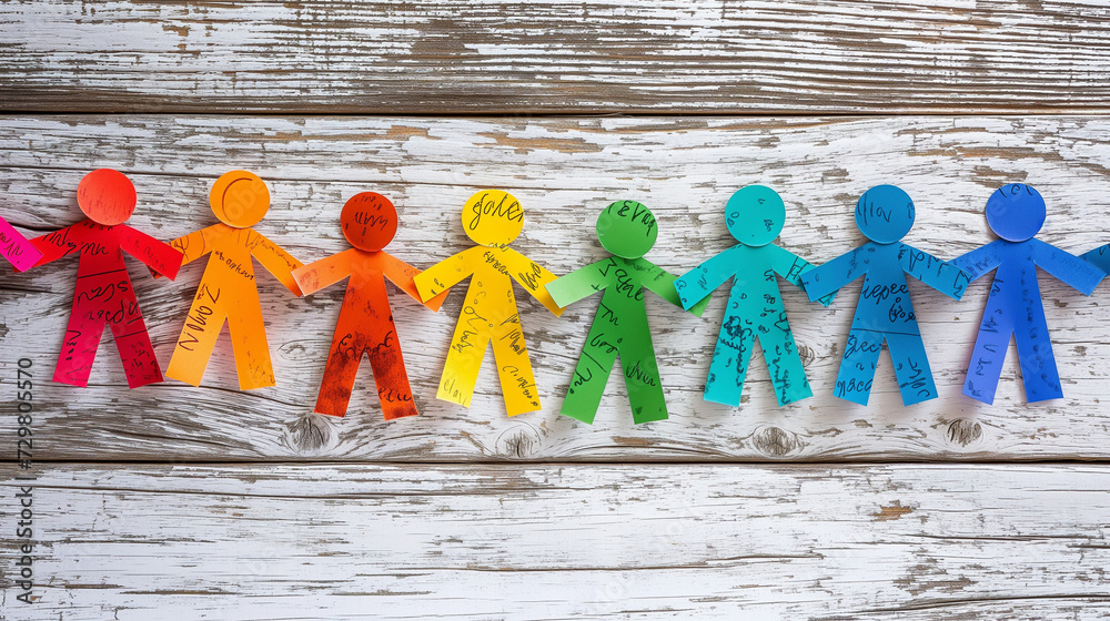 People paper chain in multiple colors, representation of diversity ...