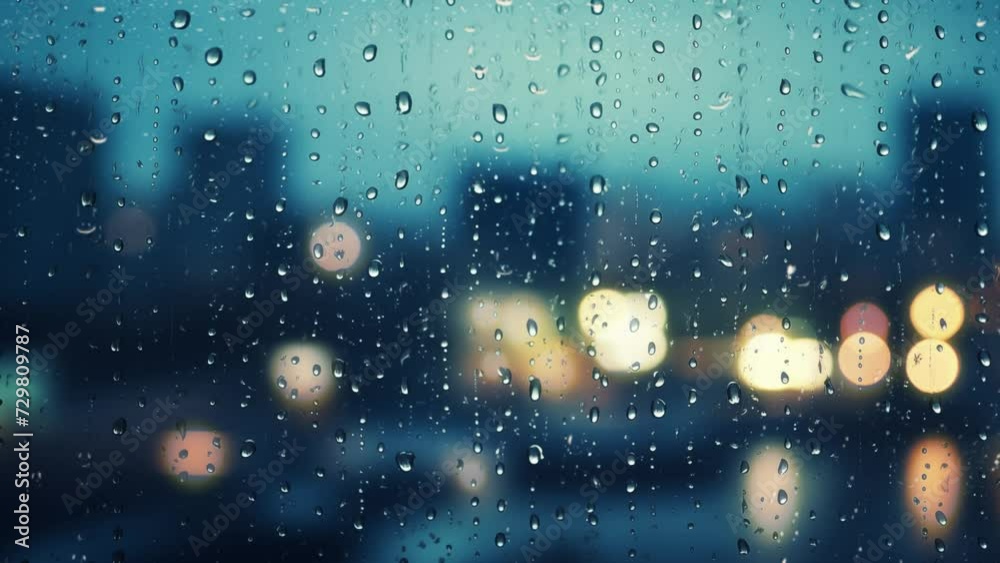 raindrops on the window at night with blurred city. rain drops on ...