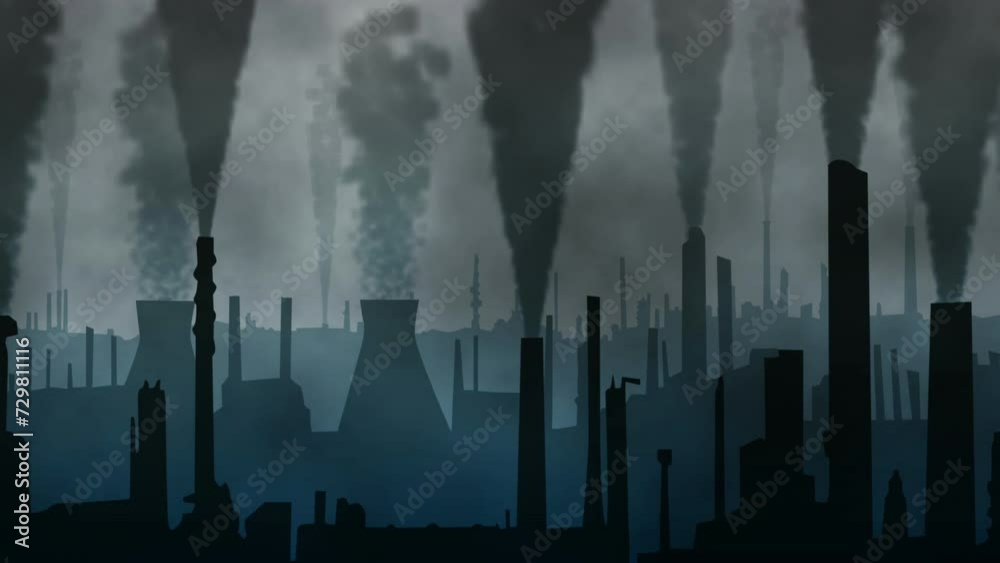 Industrial, factory and animation of pollution with smoke from refinery ...