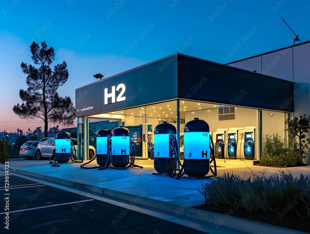 Hydrogen fuel tanks and charging stations adorned with H2 markings ...